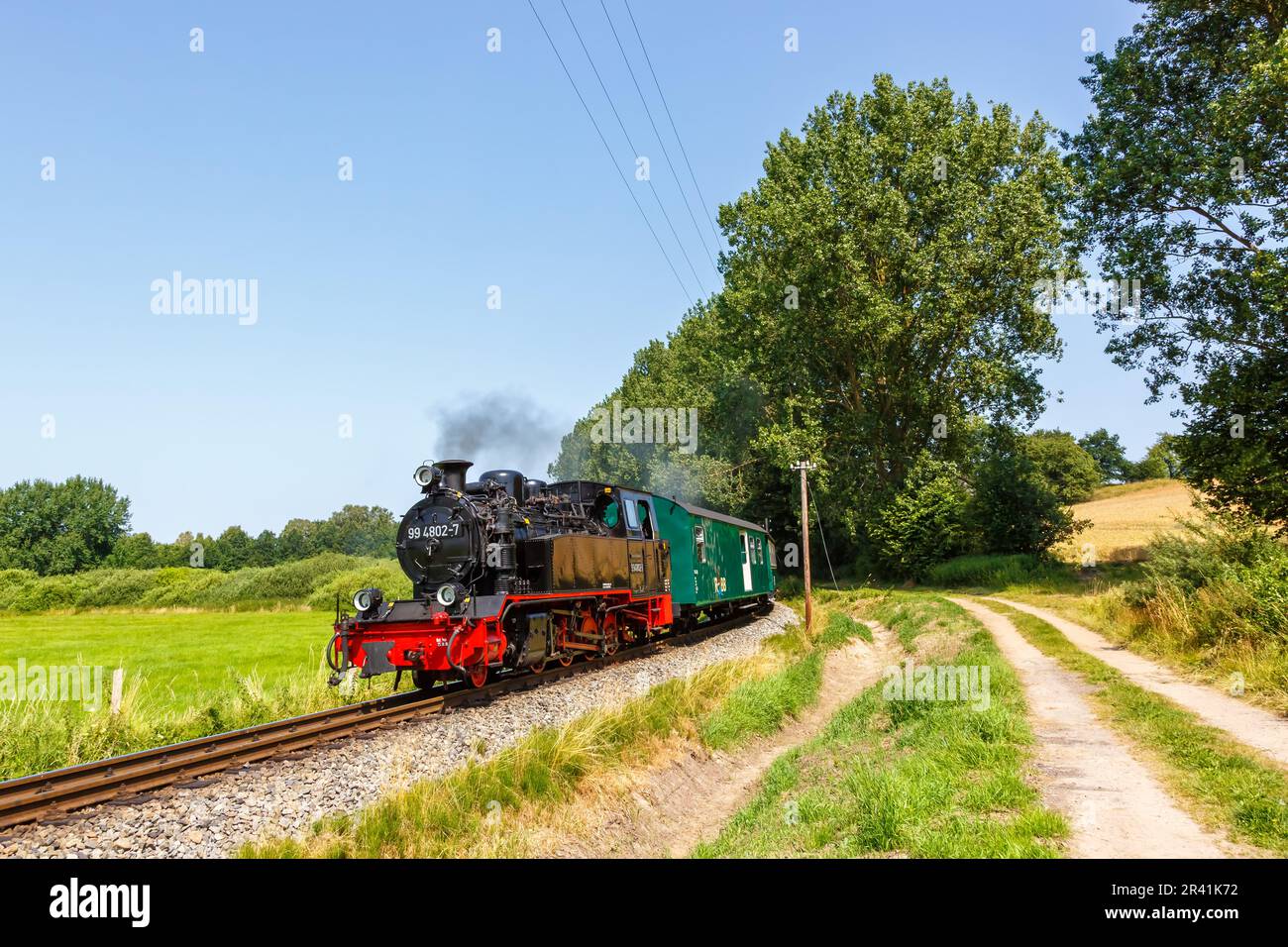 Steam train Rasender Roland railroad steam locomotive on the island of ...