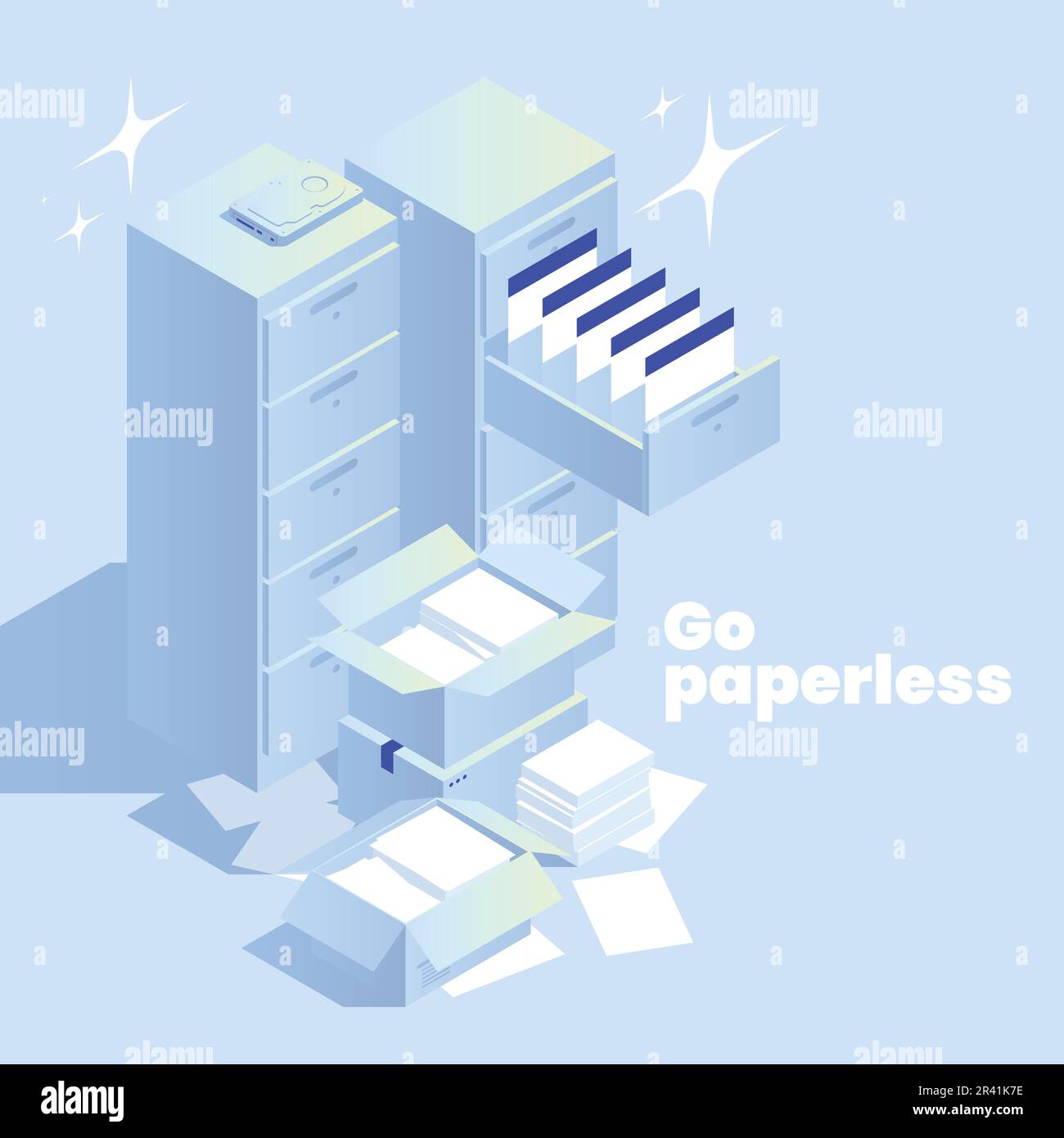 Go paperless isometric concept with stacks of papers and documents in ...