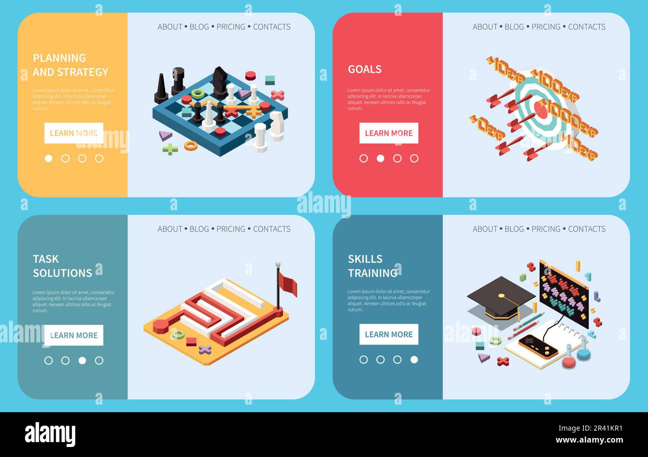 Isometric business gamification horizontal banners set with planning ...