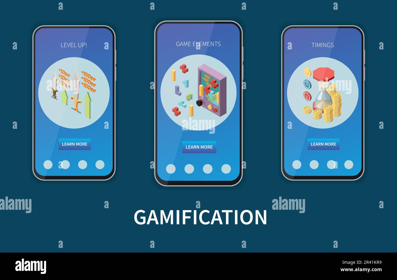 Business gamification elements isometric mobile banners set isolated on ...