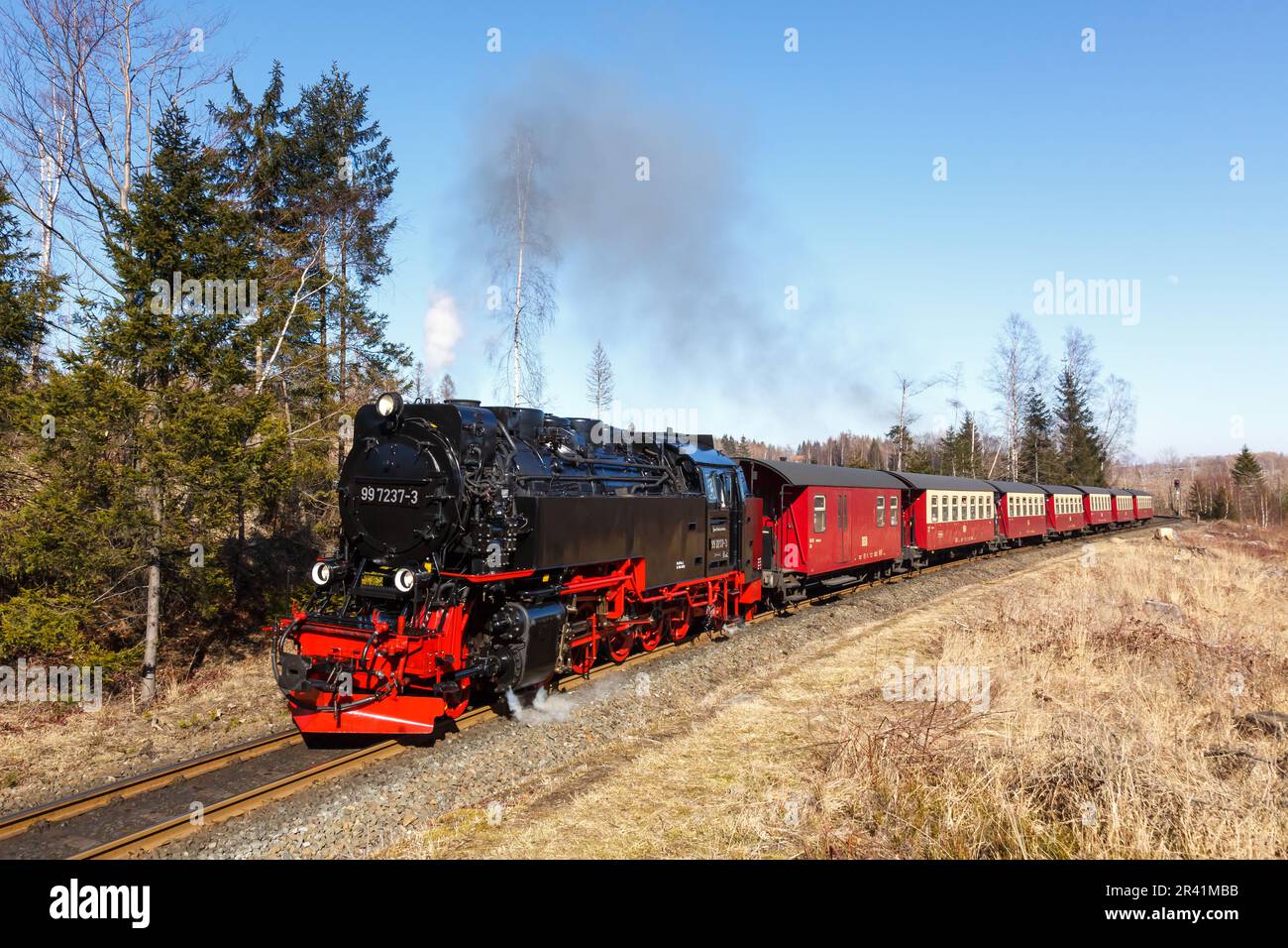 Steam train of Brockenbahn railroad steam train leaving Drei Annen ...