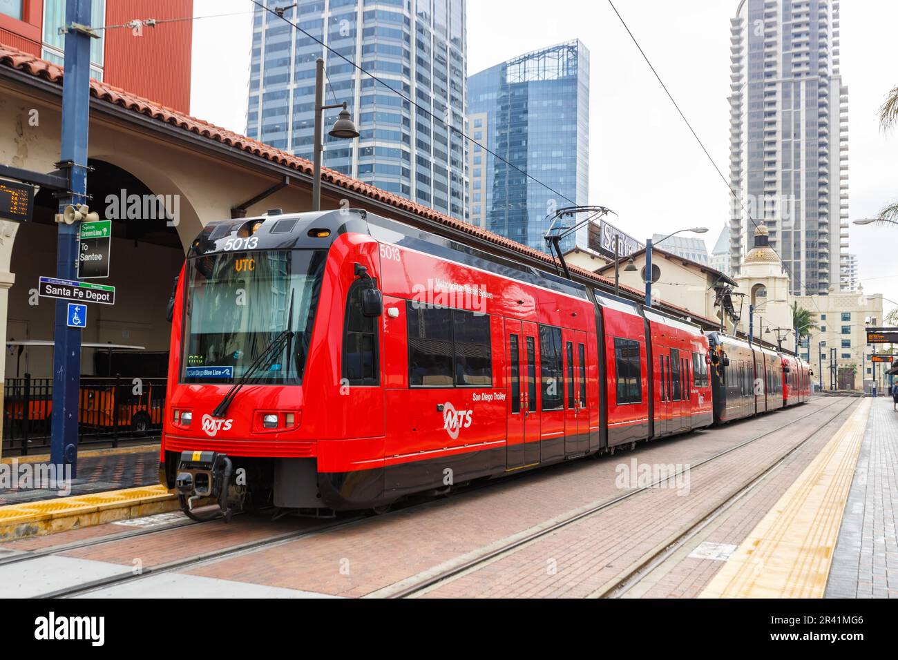San Diego Trolley Tram light rail transit at Santa Fe Depot station in ...