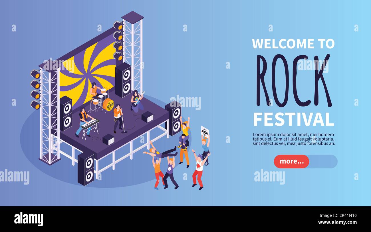 Rock star horizontal banner with metal concert symbols isometric vector ...
