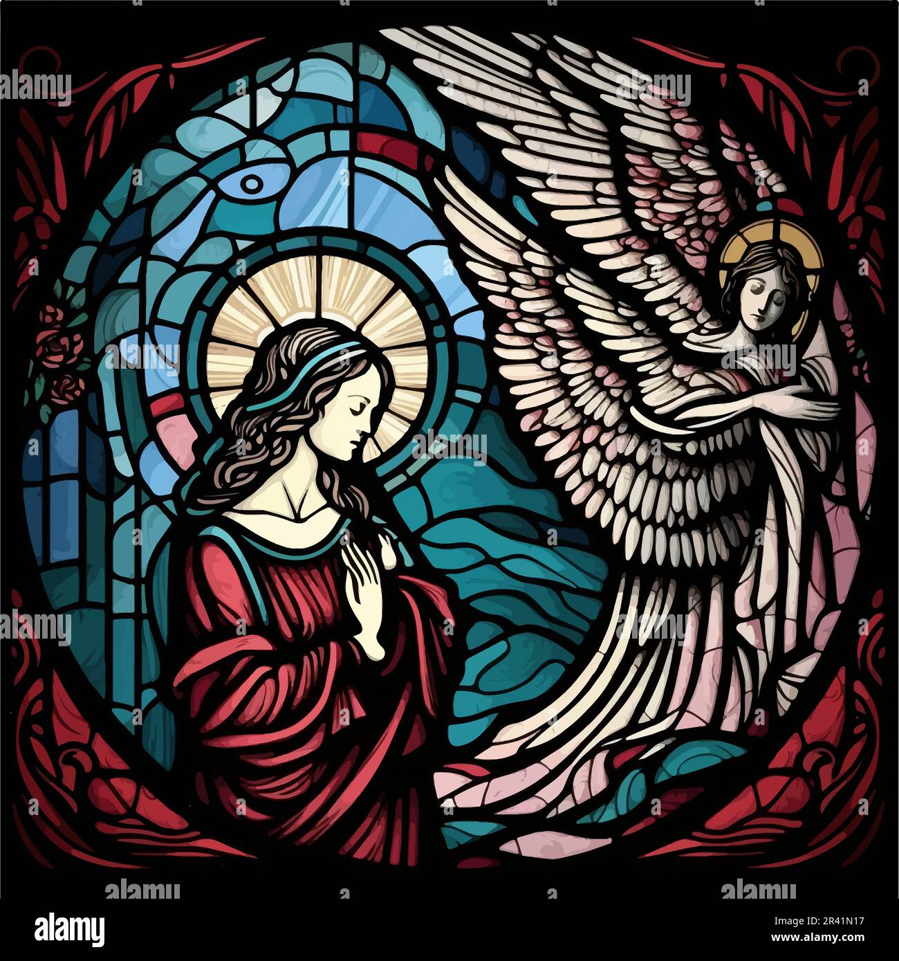 Stained glass window of the Annunciation, Mary with archangel Gabriel ...