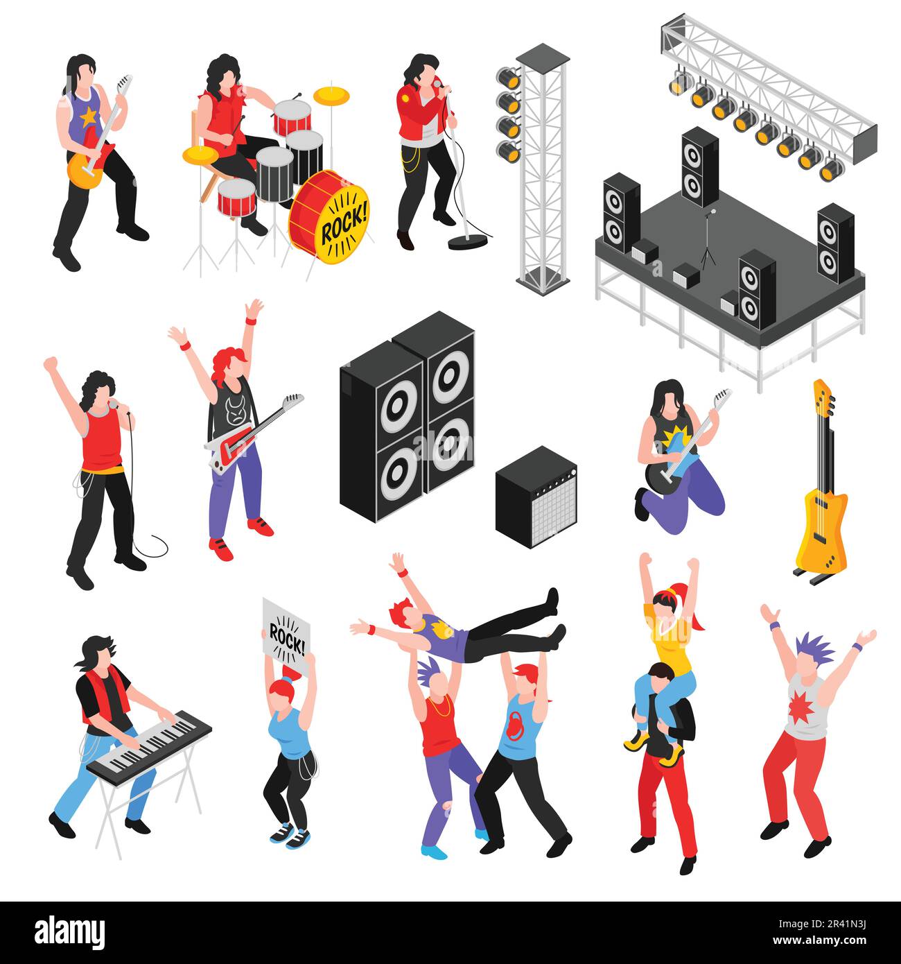 Rock star set with metal concert music symbols isometric isolated ...