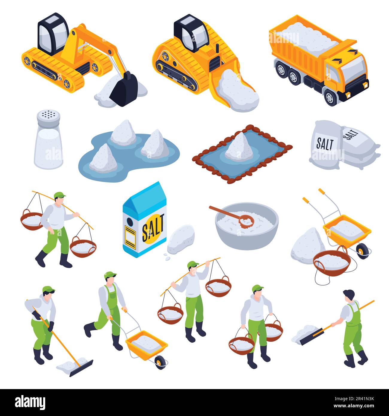 Salt production set with mineral extraction symbols isometric isolated ...