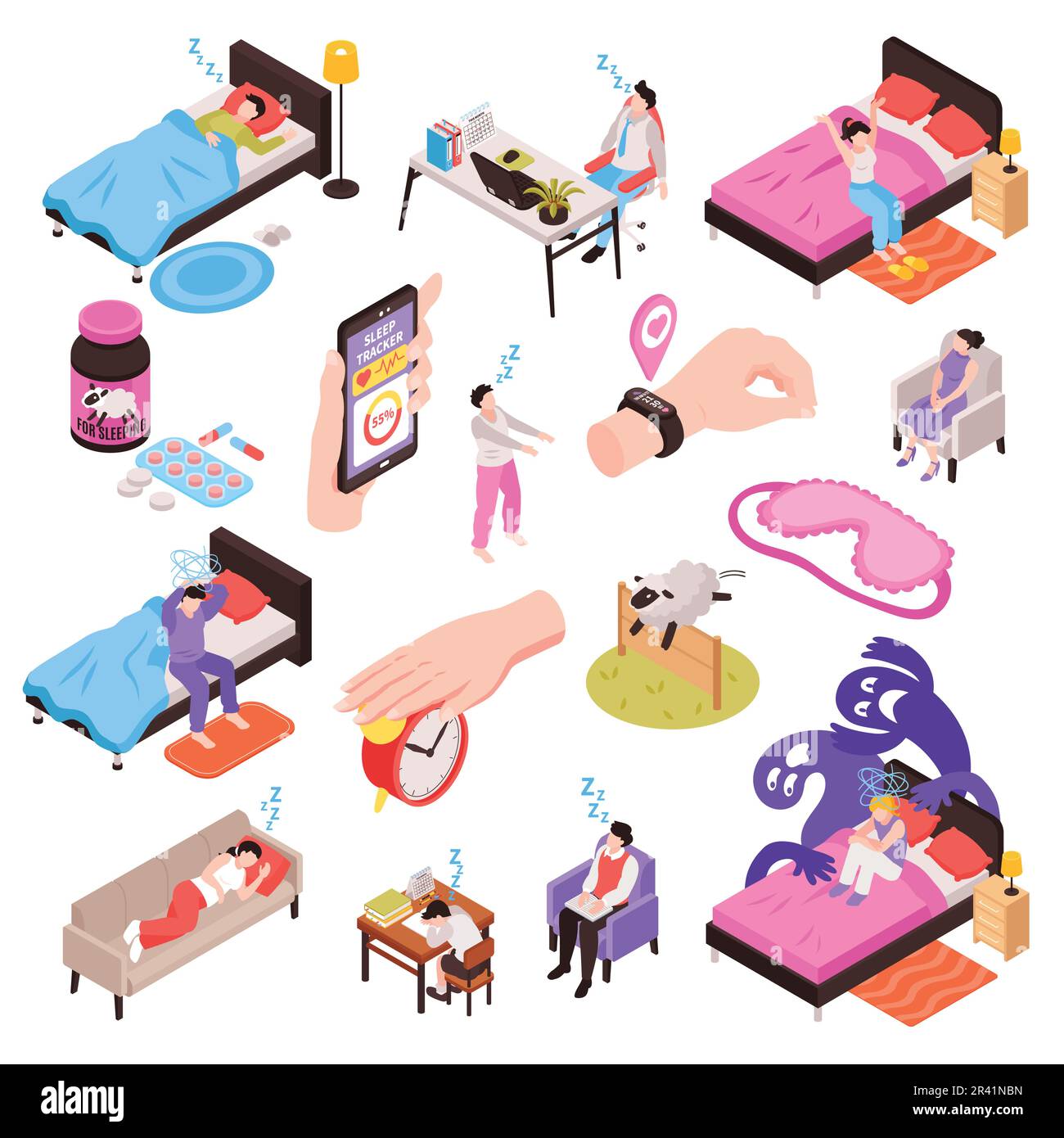 Healthy sleep set with bedtime symbols isometric isolated vector ...