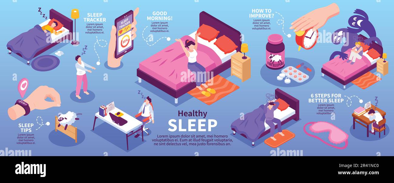 Healthy Sleep Infographic Set With Sleep Tips Symbols Isometric Vector