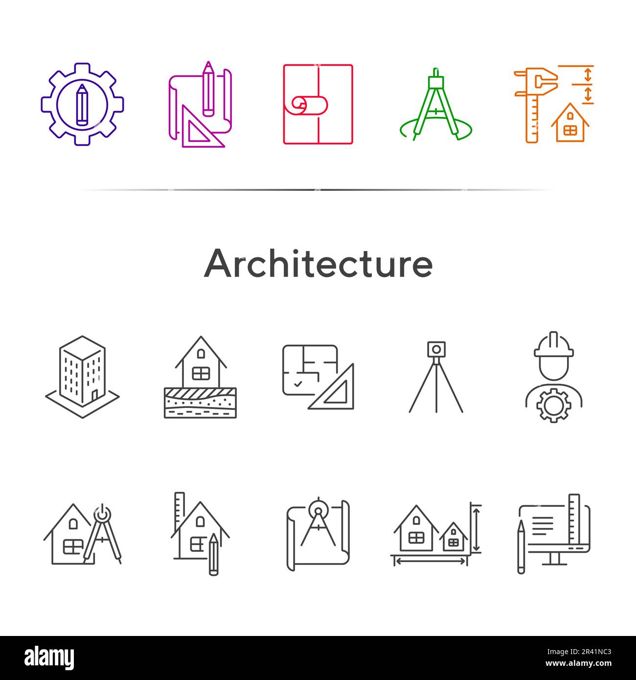 Architecture line icon set. Pencil, ruler, floor plan Stock Vector ...