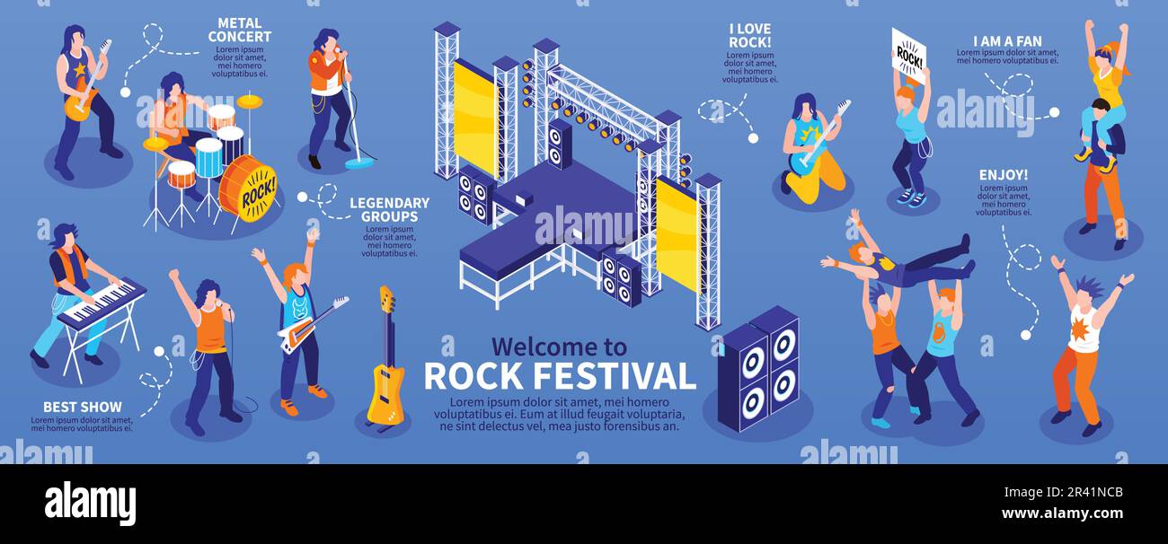 Rock star infographic set with metal concert symbols isometric vector ...