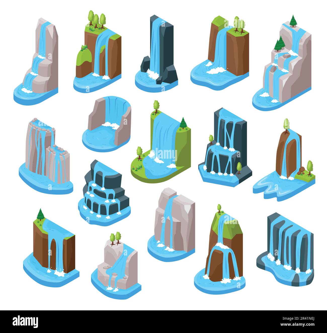 Waterfall set with national park scenery symbols isometric isolated ...