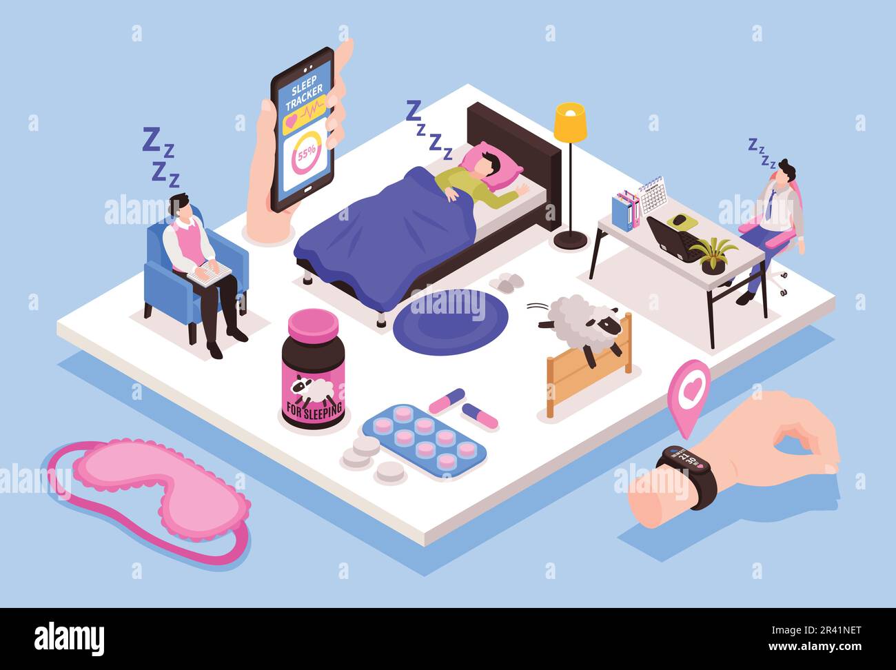 Healthy sleep concept with nightmares and insomnia symbols isometric ...
