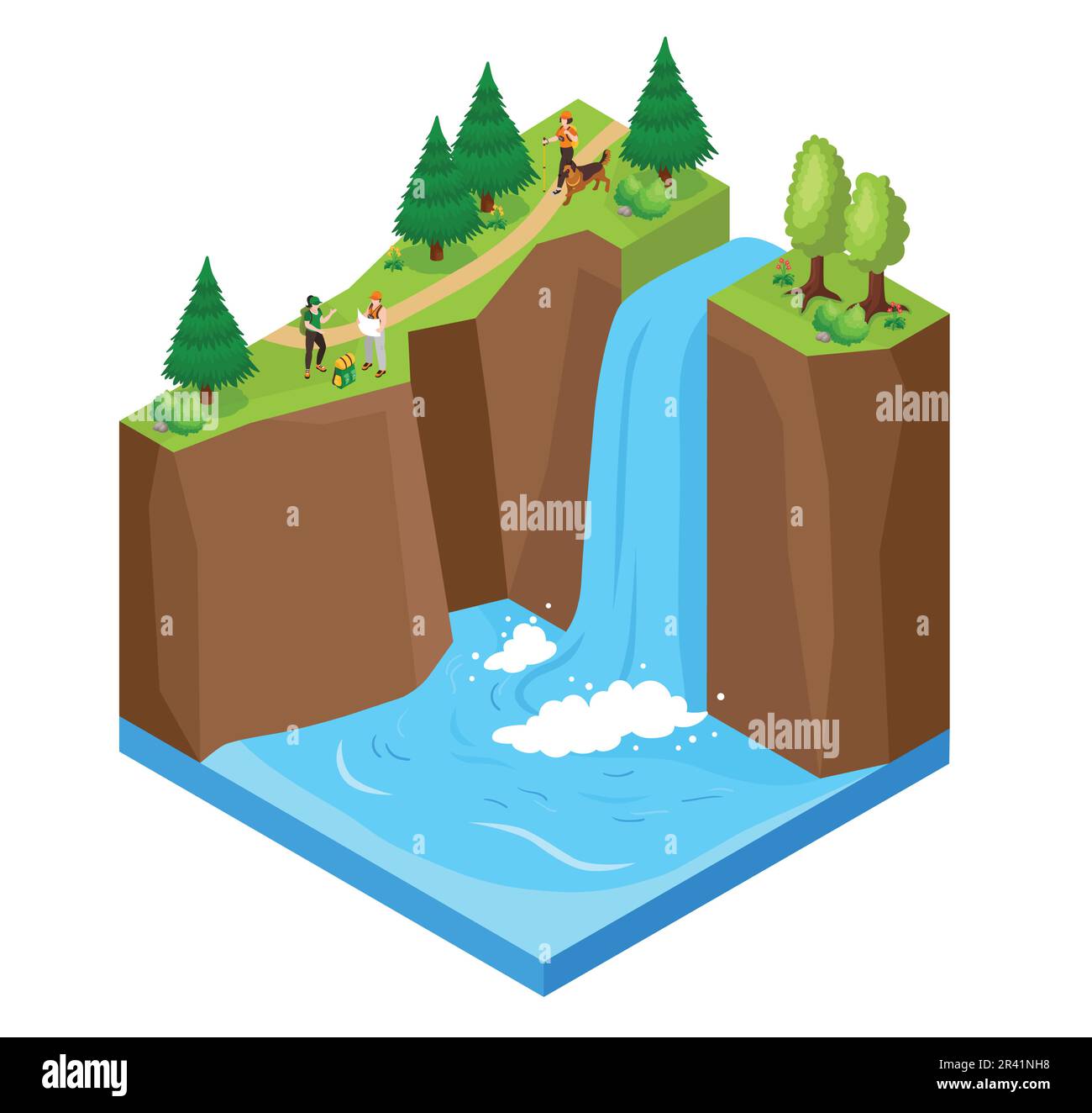 Waterfall scenery concept with national park sight symbols isometric ...