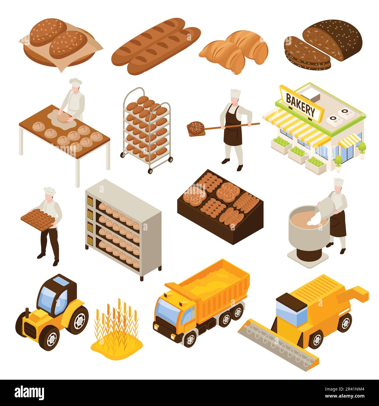 Bread production set with agricultural symbols isometric isolated ...