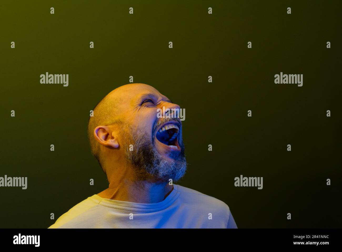 Happy bald man with a beard, smiling very casually and looking up ...