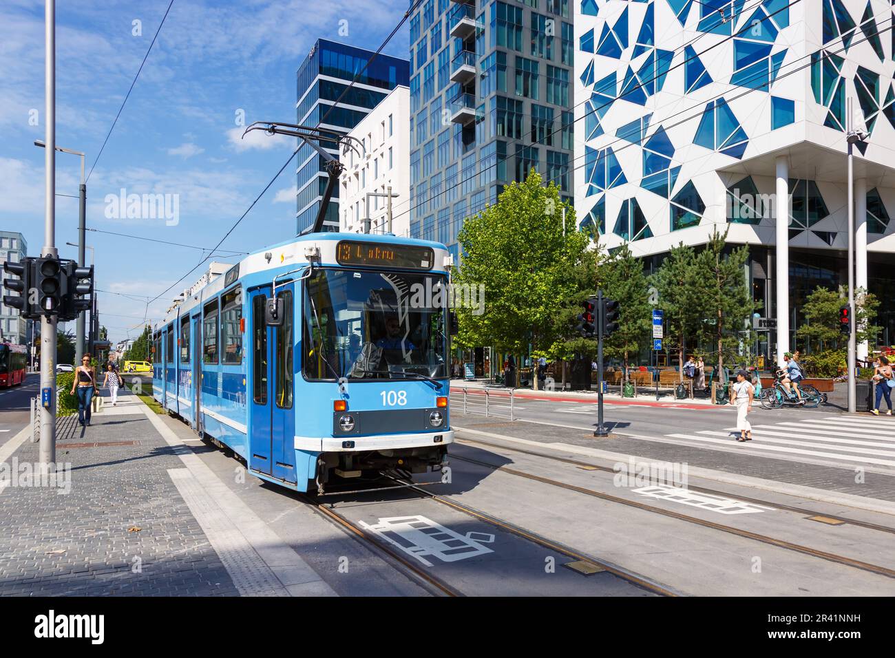 Streetcar Tram public transport in Bjorvika district in Oslo, Norway ...