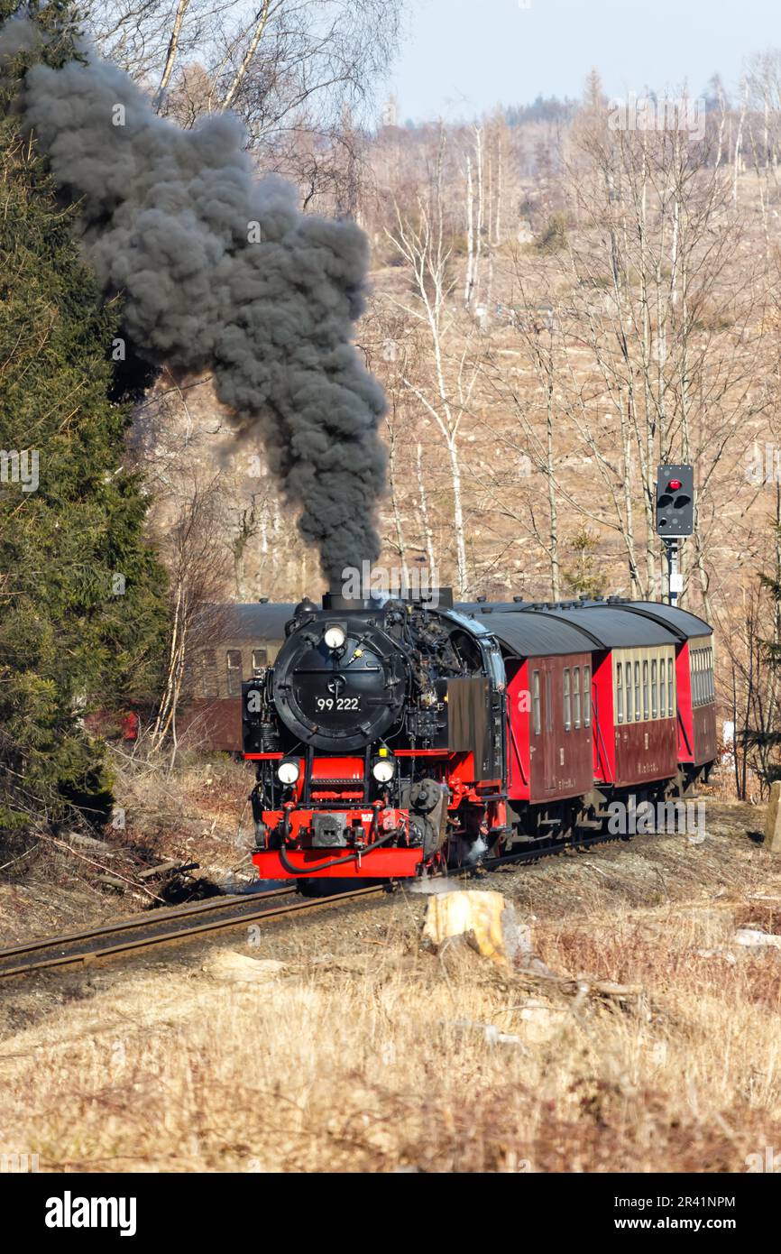 Steam train of Brockenbahn railroad steam train portrait format leaving ...