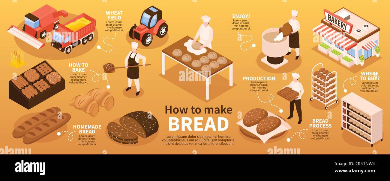 Bread production infographic set with homemade bread symbols isometric ...