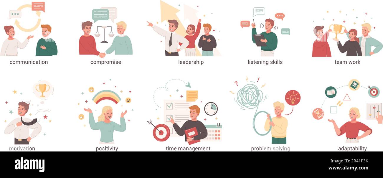 Soft skills cartoon set of communication compromise adaptability motivation leadership ...