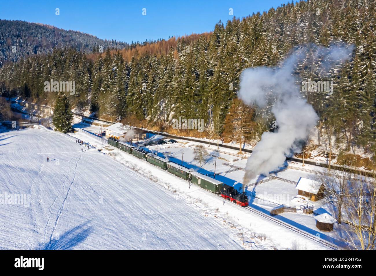 PreÃŸnitztalbahn railroad steam train steam locomotive in winter aerial ...