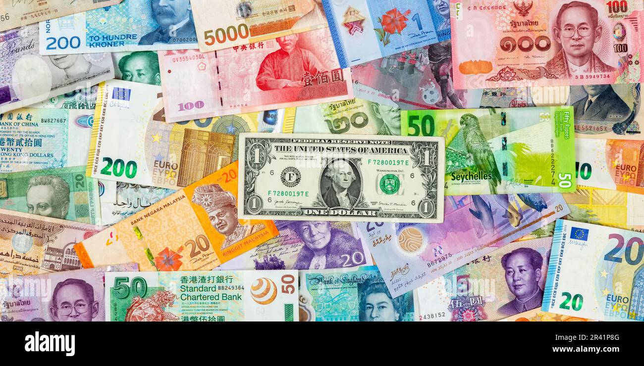 Money banknotes euro dollar currencies finance on travel background ...