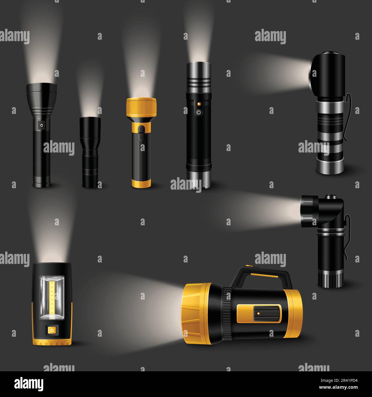 Handheld luminous flashlights of different modifications realistic set ...