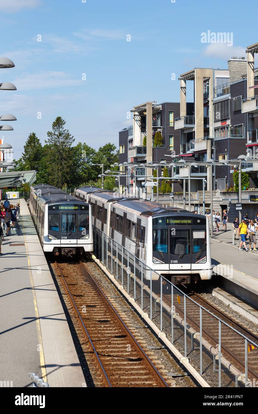 Metro Tunnelbane Oslo at Holmenkollen stop portrait format in Norway ...