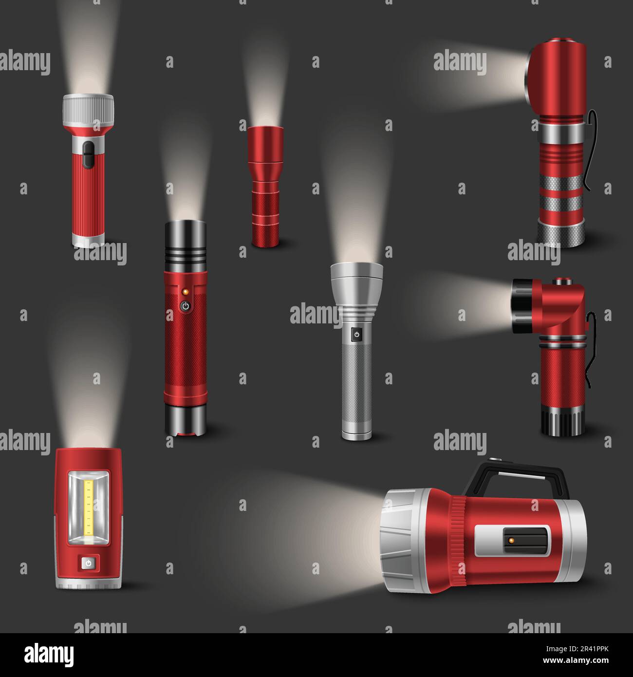 Side view of red realistic shining handheld flashlights of different ...