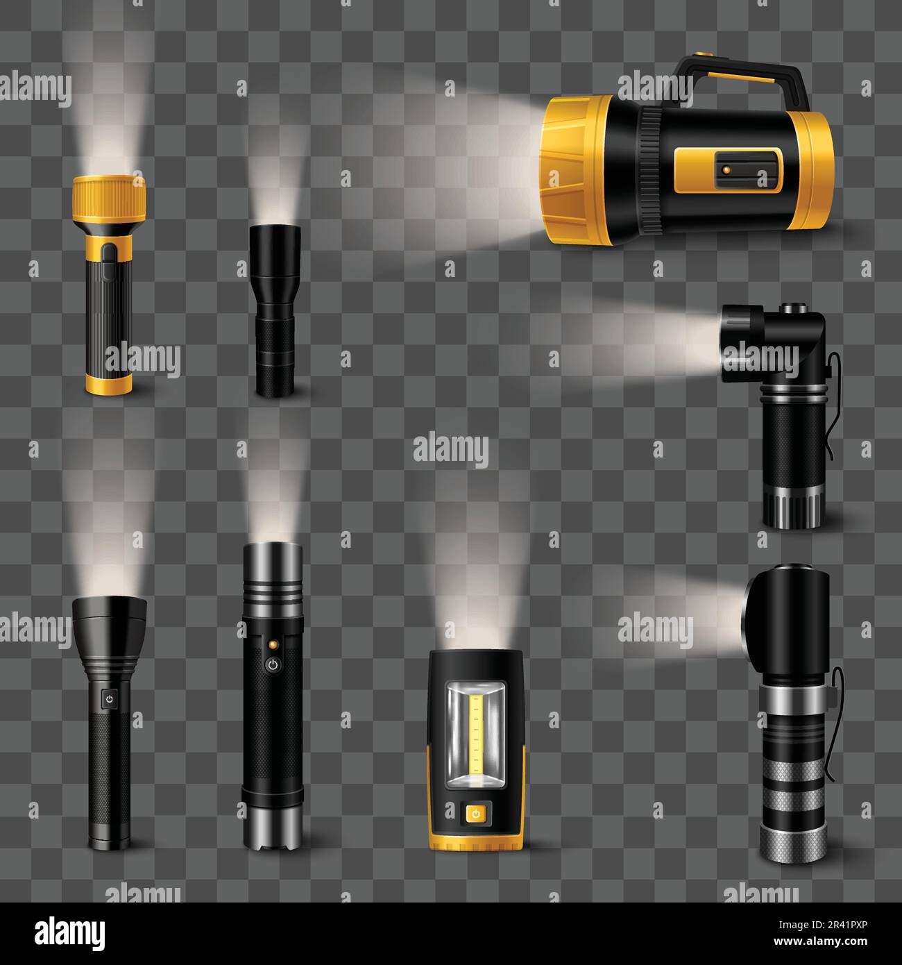 LED flashlights with light beam realistic set on transparent background isolated vector ...