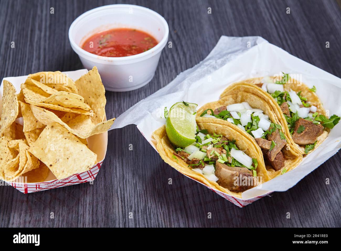 Chips red salsa street taco meal 3 corn tortilla lengua cow beef tongue ...