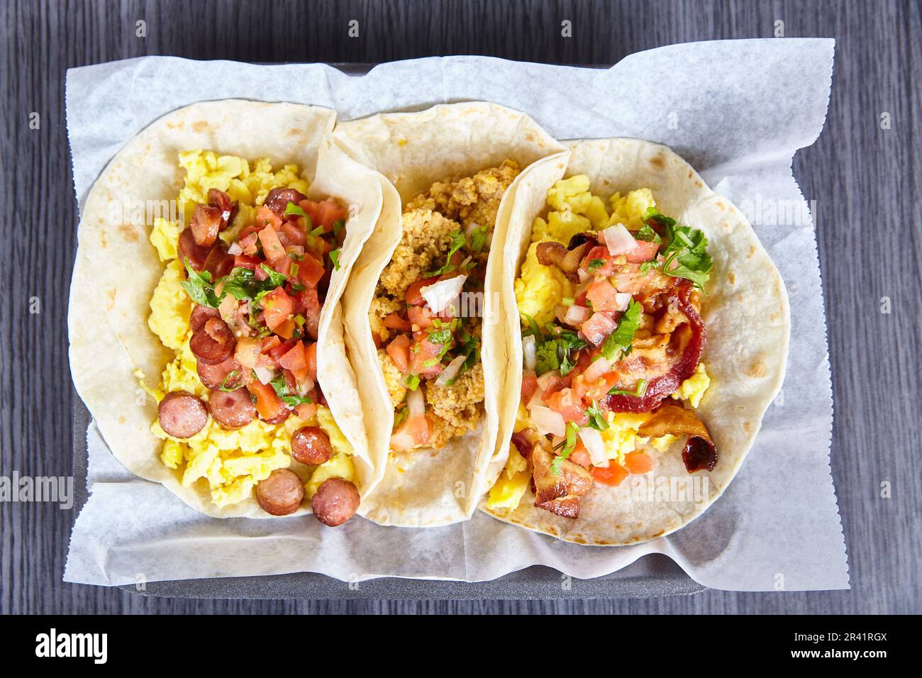 3 flour tortilla Mexican breakfast tacos sausage chorizo bacon with ...