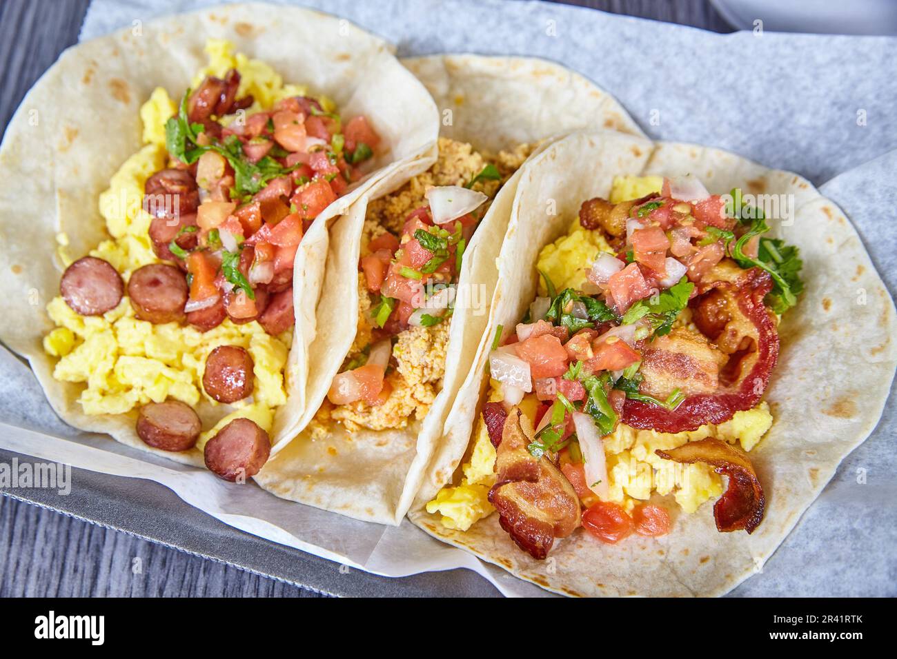 Mexican breakfast tacos three sausage egg bacon chorizo tomato chives ...