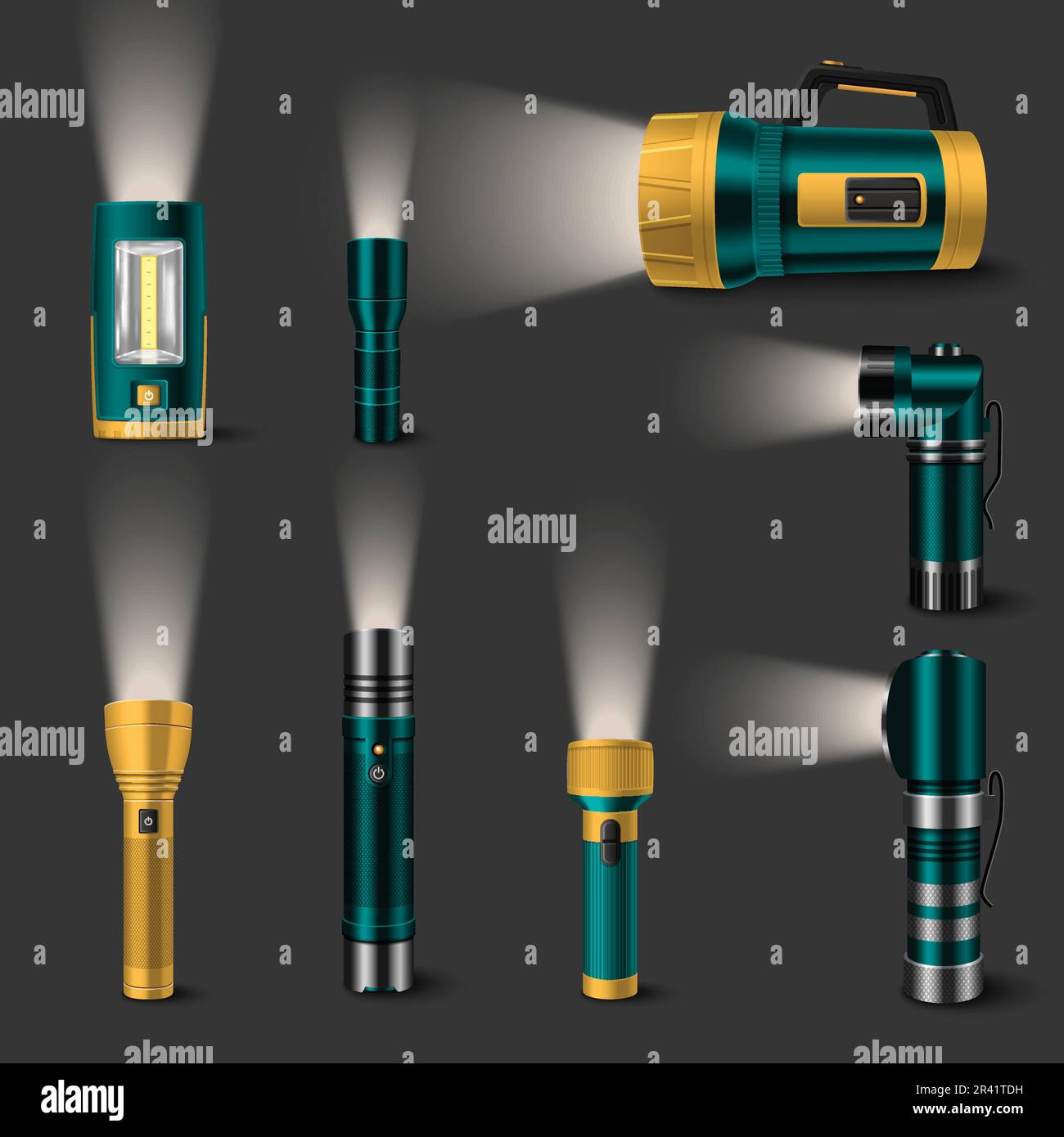 Side view of green and yellow flashlights with projection light beam ...