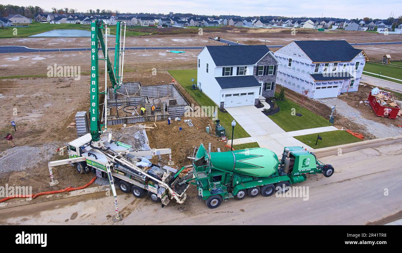 Cement Truck pour aerial residential home, house foundation build ...