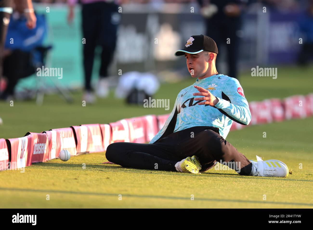 25 May, 2023. London, UK. A sliding Tom Lawes can’t stop the ball ...