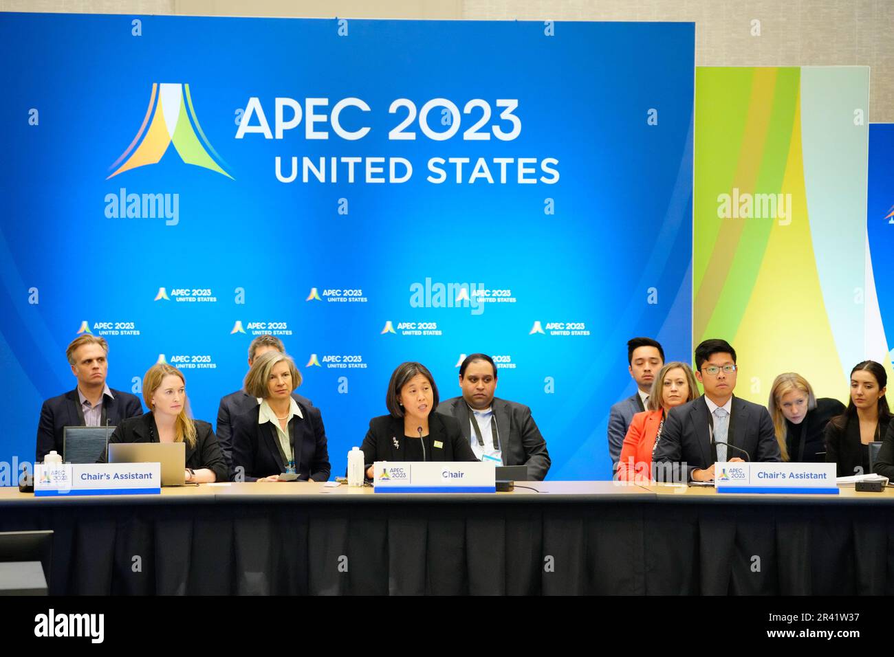 Detroit, USA. 25th May, 2023. U.S. Trade Representative Katherine Tai (C, Front) speaks at the ...