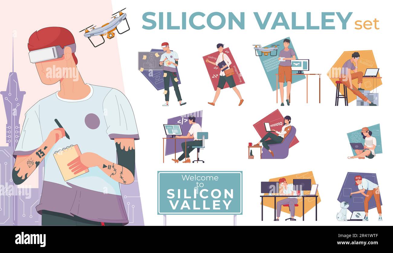 Silicon valley set of flat isolated compositions with human characters ...