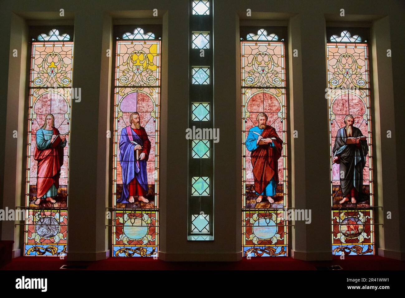 Church, god, Jesus, saints, mosaic, stained glass windows depicting ...