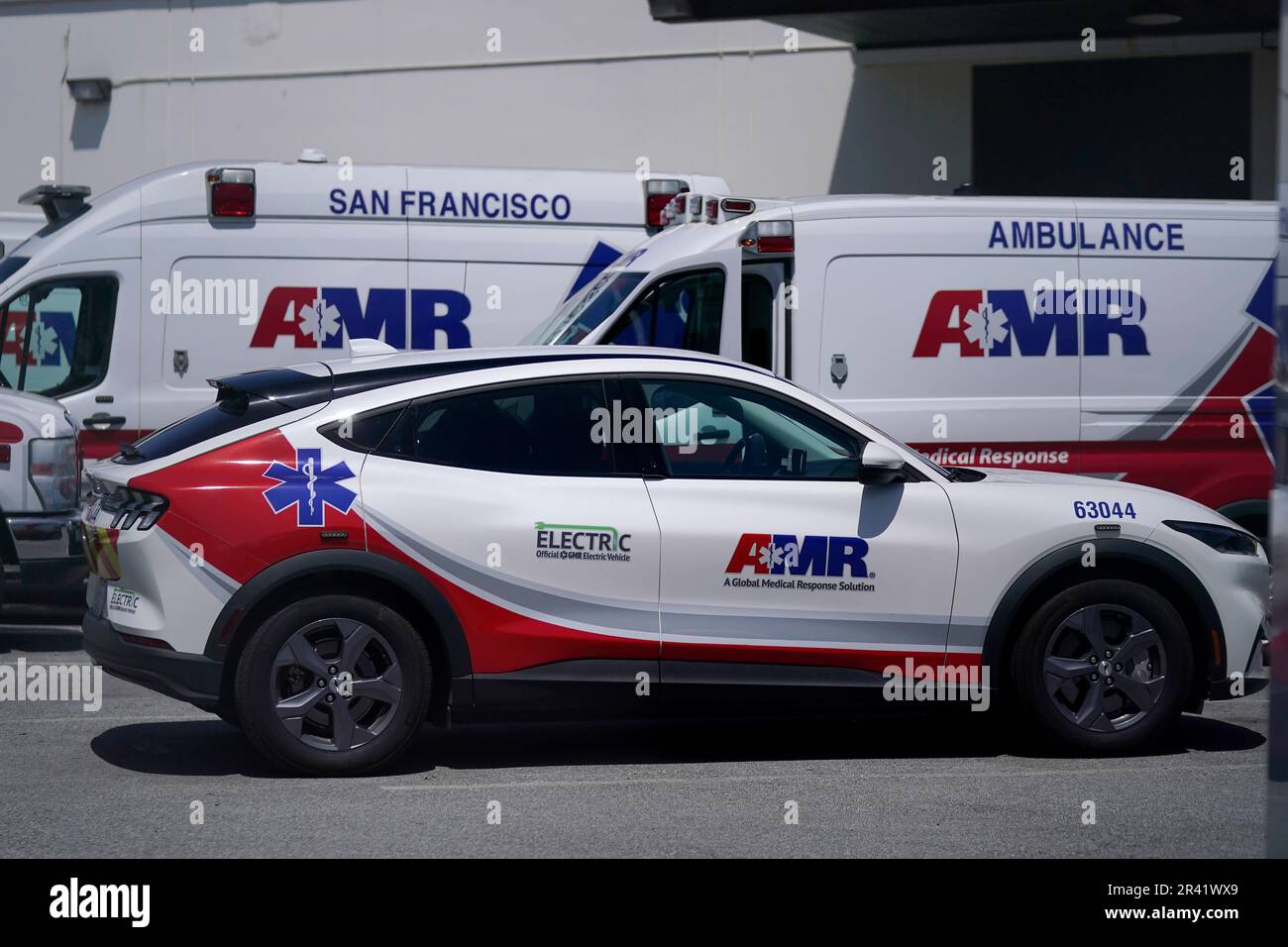 American Medical Response vehicles are shown in San Francisco, Monday ...