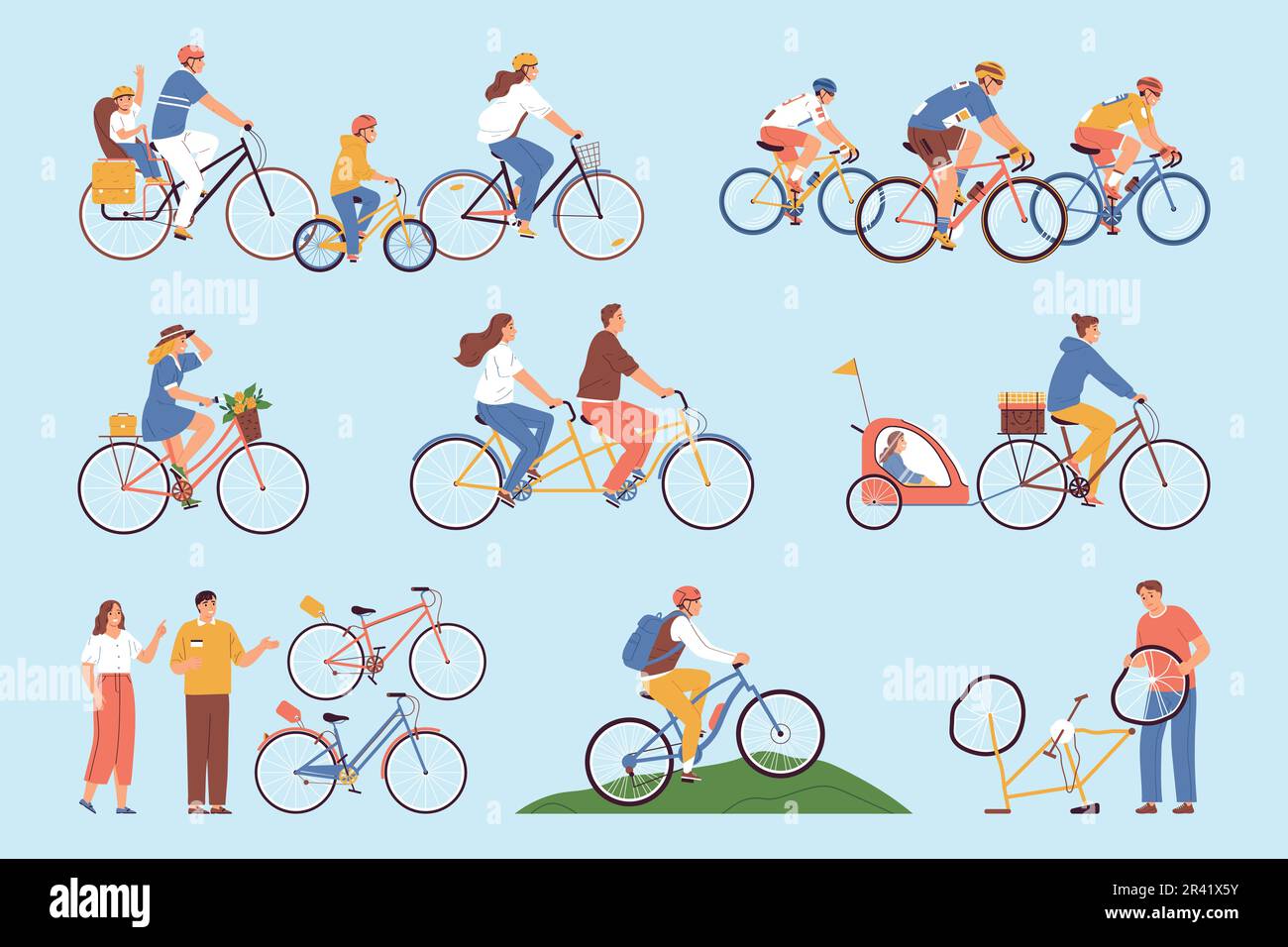 Bicycles icons flat color set with people riding bikes isolated vector ...