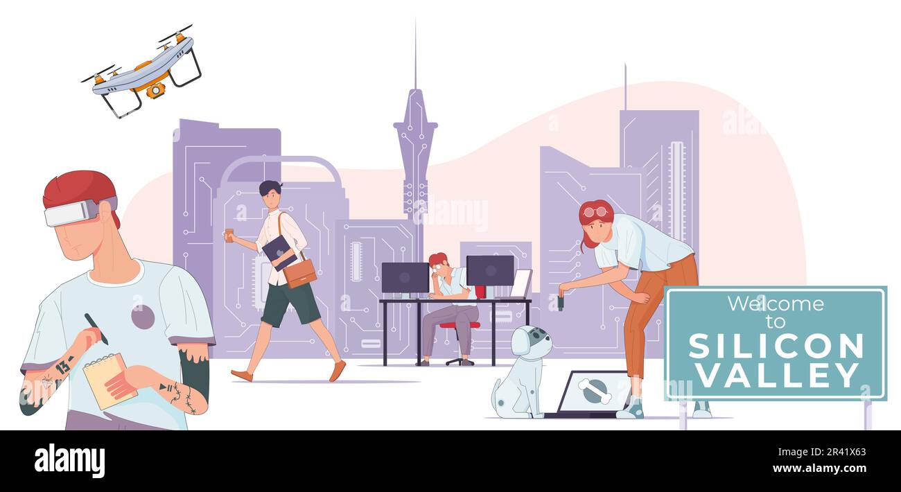 Silicon valley flat composition with nameplate and futuristic cityscape ...