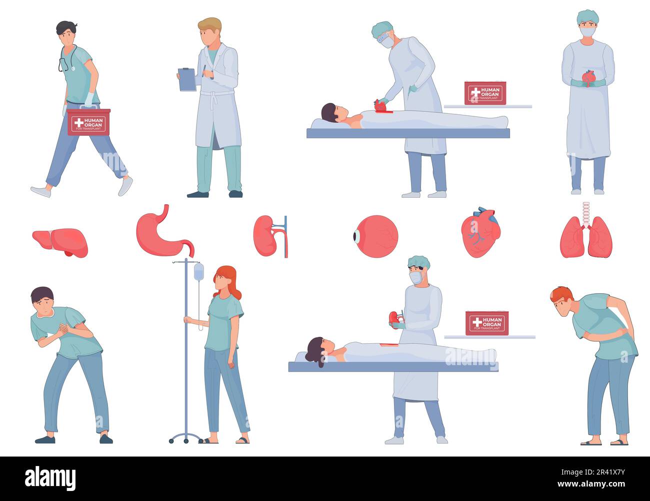 Organ transplant flat set with isolated icons of organs and doodle ...