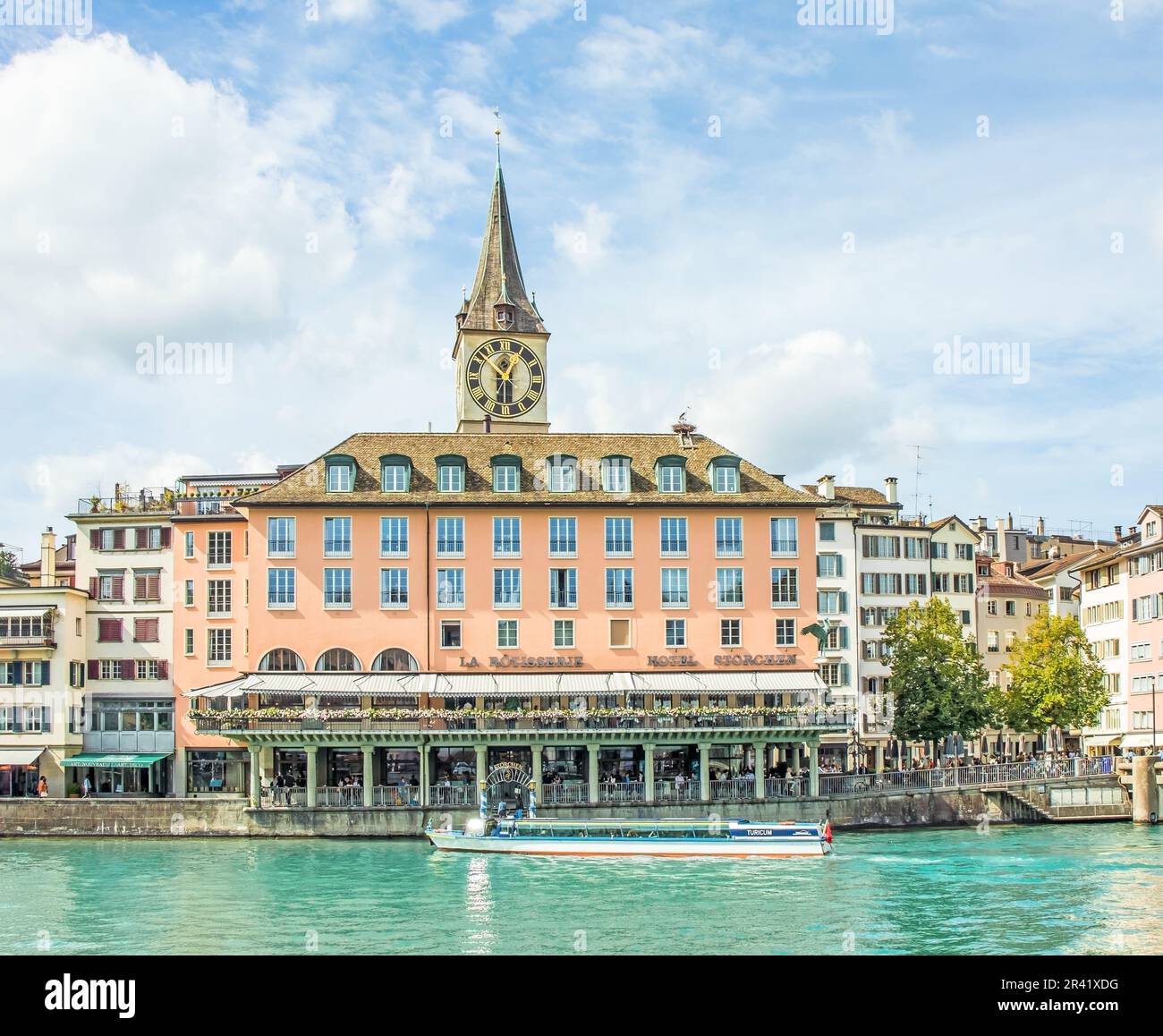 Limmatquai Zurich with St. Peter, Switzerland Stock Photo - Alamy