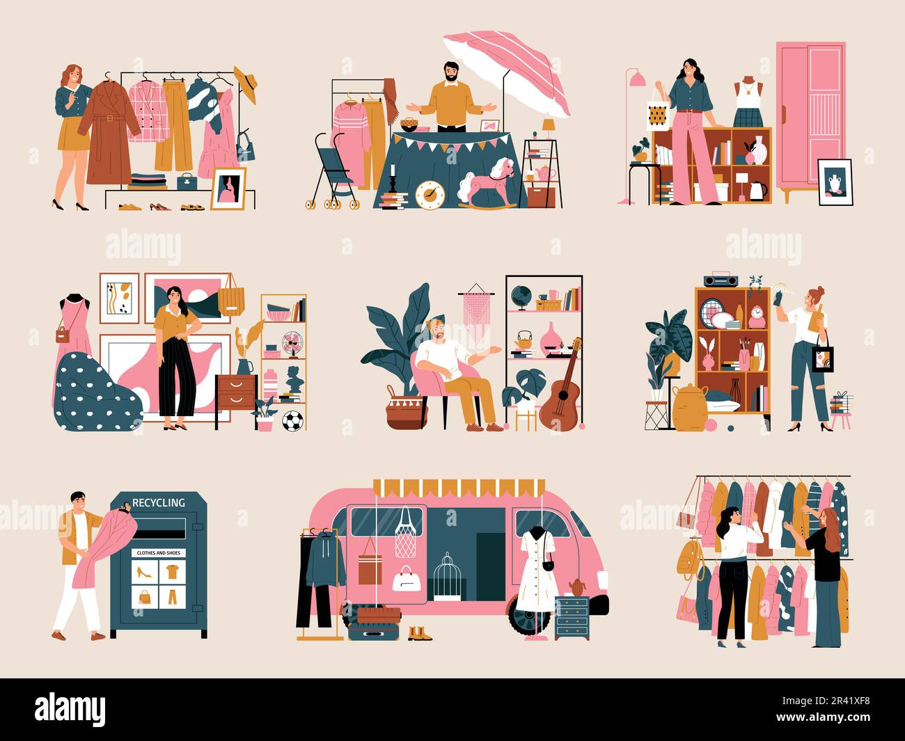 Second hand and sunday market color icons set isolated vector ...