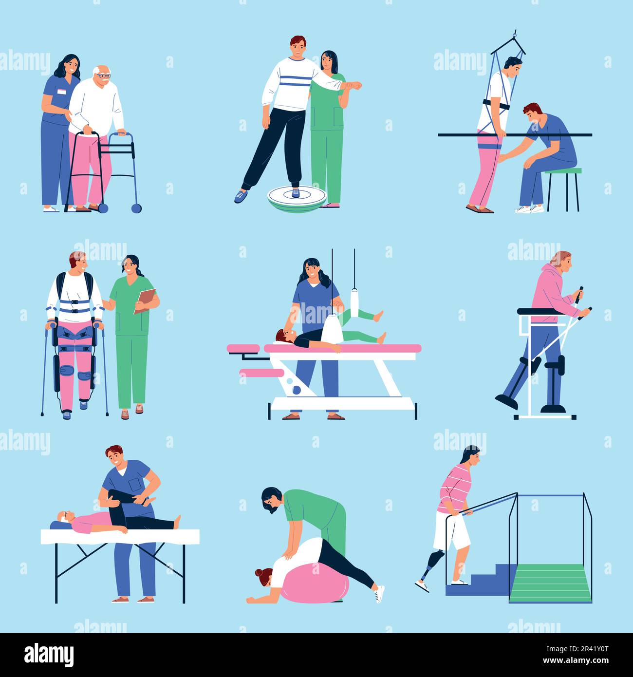 Physiotherapy flat icons set with injured people and medical ...