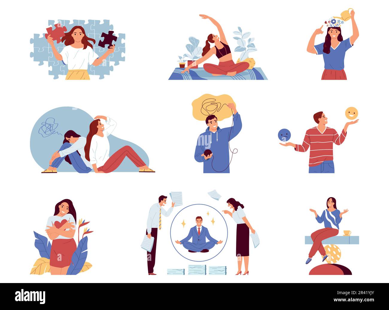 Mental health flat color icons set with abstract psychological care symbols isolated vector ...