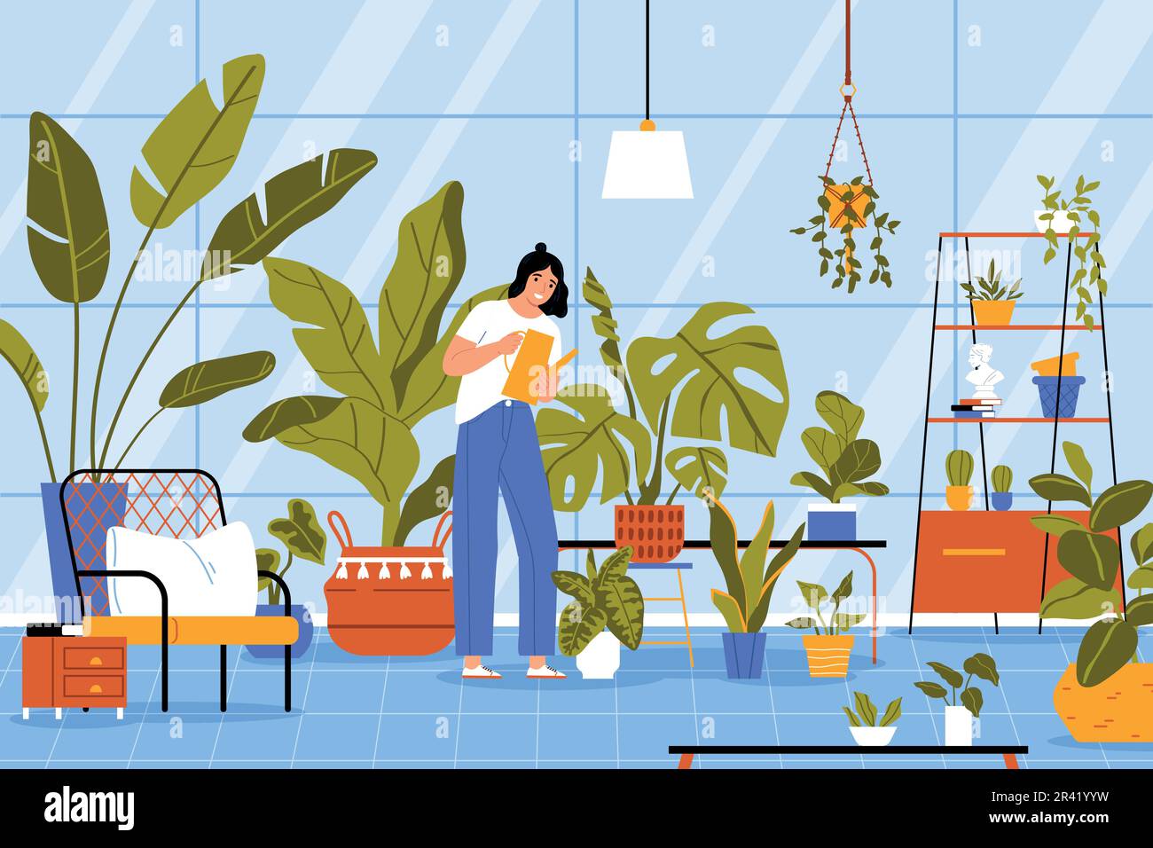 Hobby flat concept with woman watering house plants vector illustration ... Hobby flat concept with woman watering house plants vector illustration ...