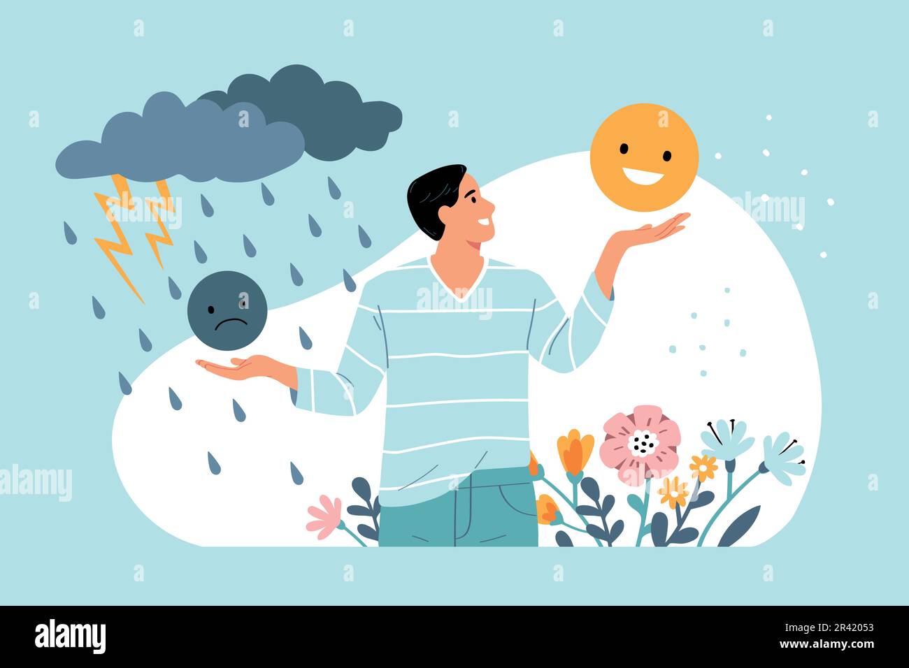 Mental health flat concept with man between sadness and positive ...