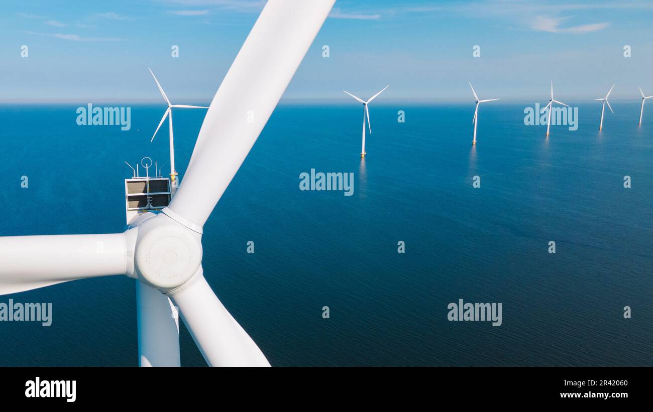 Windmill park with a blue sky on a sunny day in the Netherlands ...