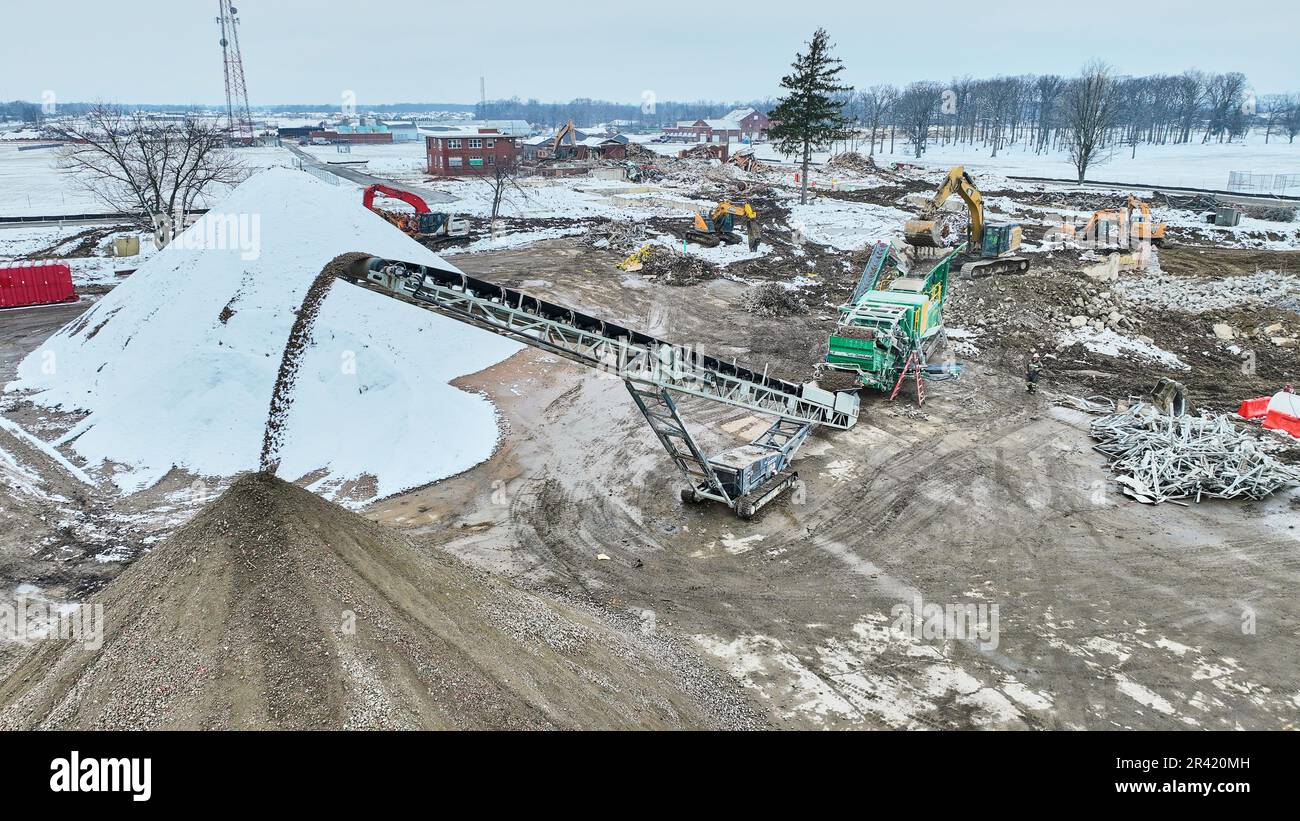 Aerial drone view of sand being created at construction site Stock ...
